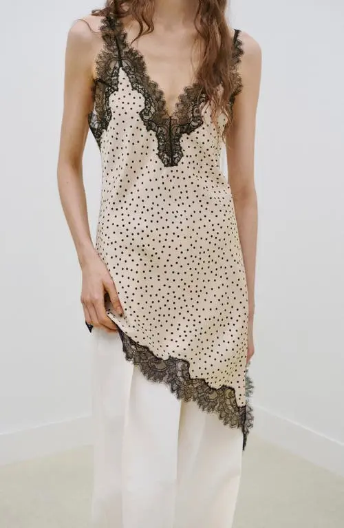 Mango Polka Dot Lace Trimmed Satin Top