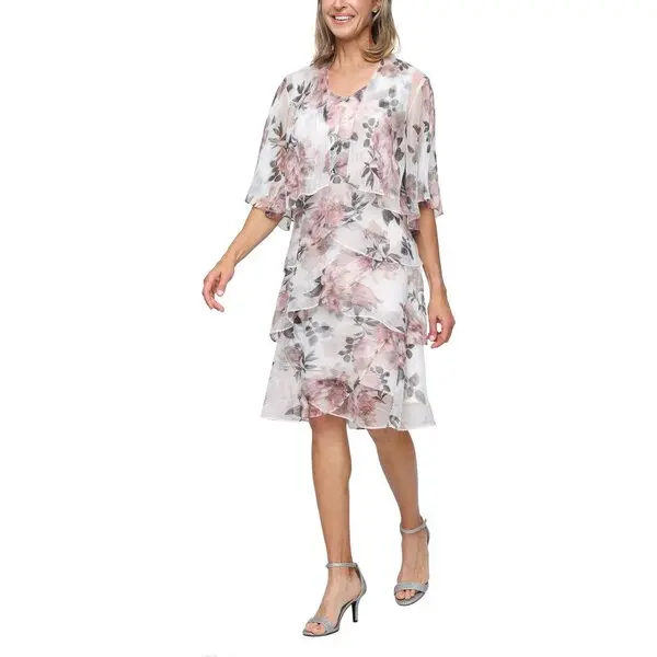 SL FASHIONS Floral Tiered Dress With Cape - Blush Multi