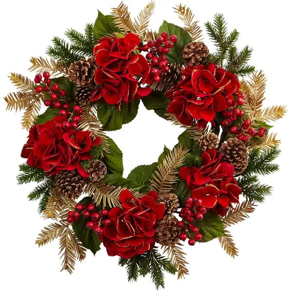 NEARLY NATURAL 24-in Hydrangea Pine Wreath - Red