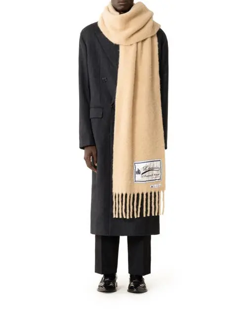 LANVIN Fringed Wool Scarf With 22 Faubourg Label - Beige