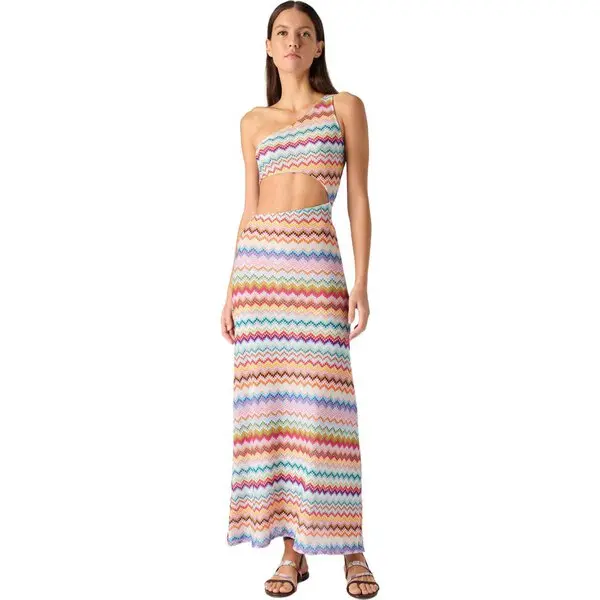 Missoni One-shoulder Cover-up In Lamé Viscose With Pixel-effect Zigzag Pattern - Multicoloured