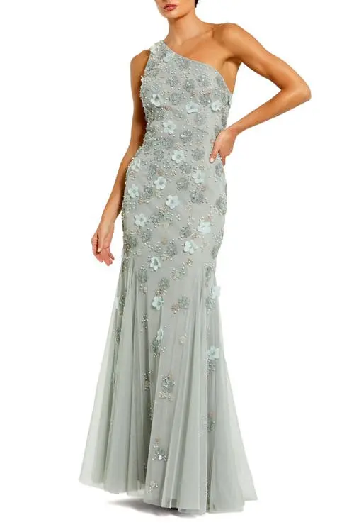 Mac Duggal Embellished One-shoulder Trumpet Gown - Sage