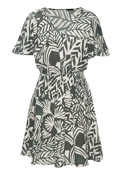 LASCANA Printed V-neck Fit And Flare Dress - Green Ivory