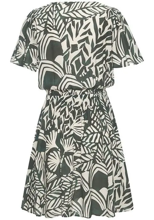 LASCANA Printed V-neck Fit And Flare Dress - Green Ivory
