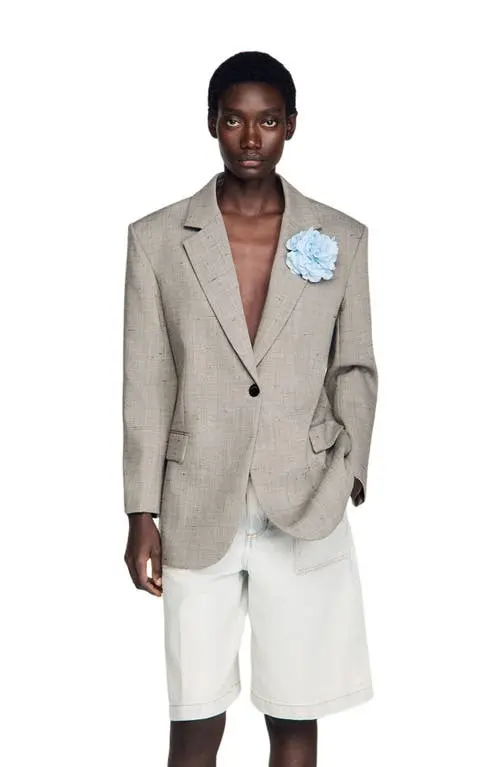 Sandro Checked Wool Jacket With Brooch - Greige