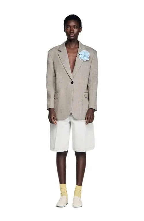 Sandro Checked Wool Jacket With Brooch - Greige