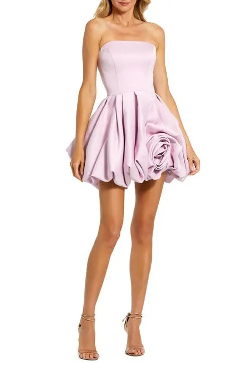 Mac Duggal Strapless Mini Dress With Rose Ruffle Detail
