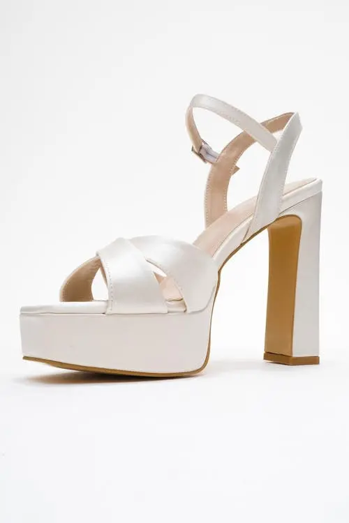 PROLOGUE SHOES Yulia Cross-strap Platform Heel Sandal - Ivory Satin