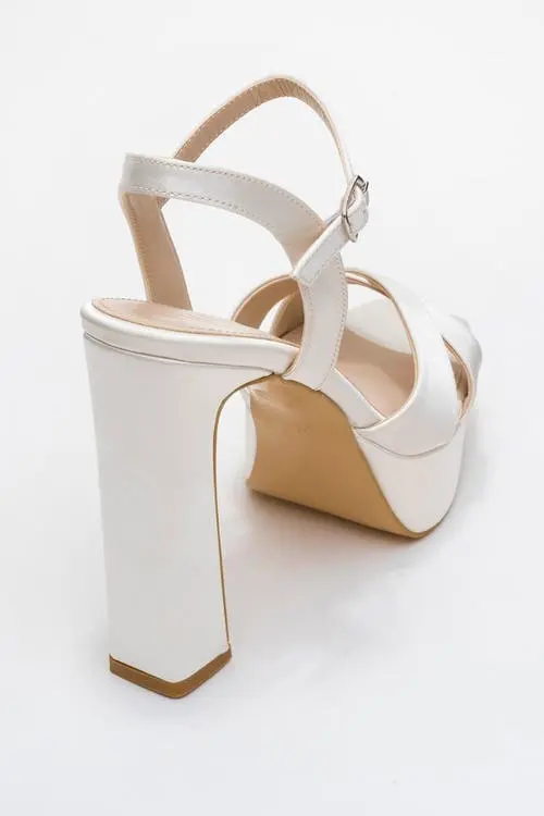 PROLOGUE SHOES Yulia Cross-strap Platform Heel Sandal - Ivory Satin