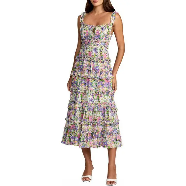 Mac Duggal Floral Ruffle A-line Midi Dress