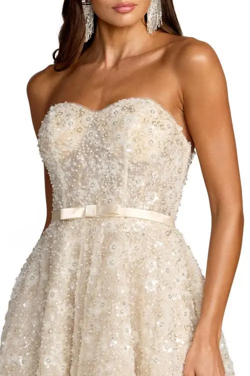 Mac Duggal Sequin Floral Strapless A-line Midi Dress