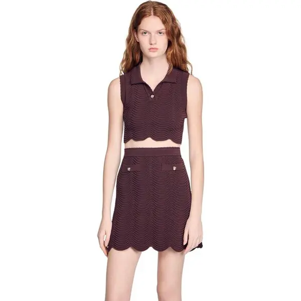 Sandro Cropped Decorative Knit Top - Brown