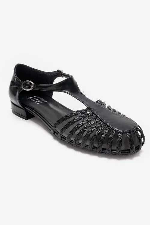 PROLOGUE SHOES Woven T-strap Sandal - Black