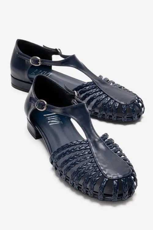 PROLOGUE SHOES Woven T-strap Sandal - Navy