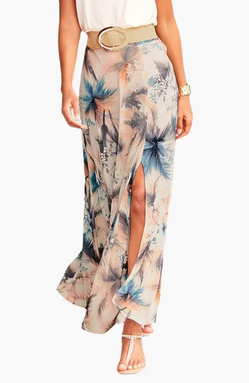LASCANA Printed Side Slit Maxi Skirt - Blue Sand