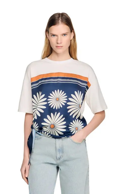 Sandro Scarf Print Cotton T-shirt - Deep Blue/ocher