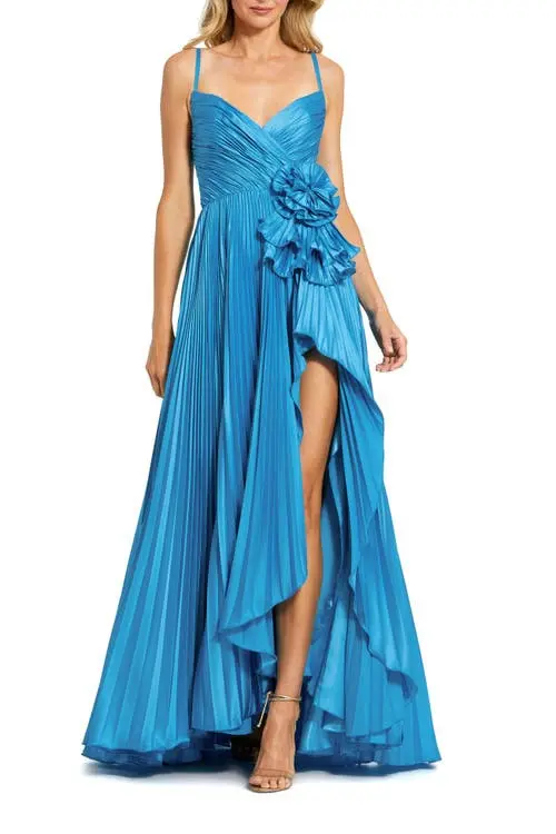 Mac Duggal Pleated Charmeuse Gown With Floral Detail