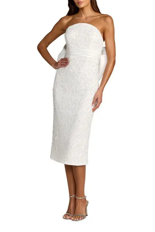 Mac Duggal Beaded Lace Strapless Midi Dress With Bow - Ivory