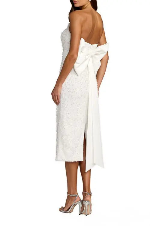 Mac Duggal Beaded Lace Strapless Midi Dress With Bow