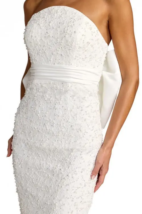 Mac Duggal Beaded Lace Strapless Midi Dress With Bow