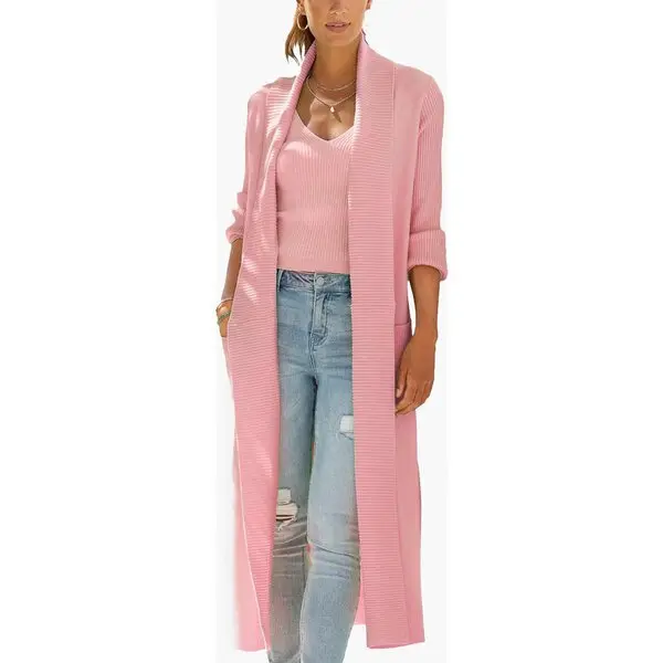 LASCANA Long Knit Cardigan With Shawl Collar And Patch Pockets - Rose
