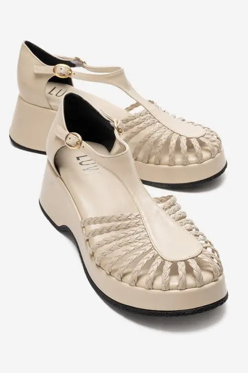 PROLOGUE SHOES Barry Woven Wedge Sandal - Beige
