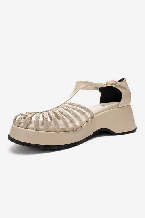 PROLOGUE SHOES Barry Woven Wedge Sandal - Beige