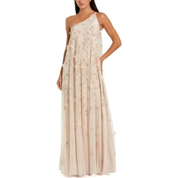 Mac Duggal Floral Embellished One Shoulder Kaftan Gown - Vanilla