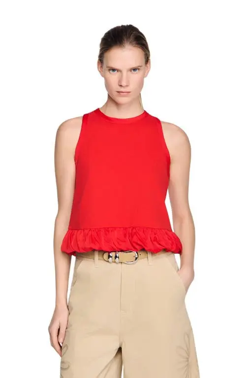 Sandro Ruffle Hem Cotton Top - Red