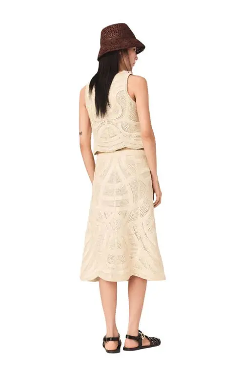 Maje Long Crochet Flared Skirt - Beige