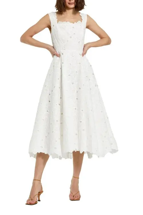 Mac Duggal Embroidered Floral A-line Midi Dress - White
