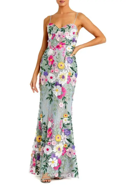 Mac Duggal Floral Embroidered Bustier Gown - Sage Multi