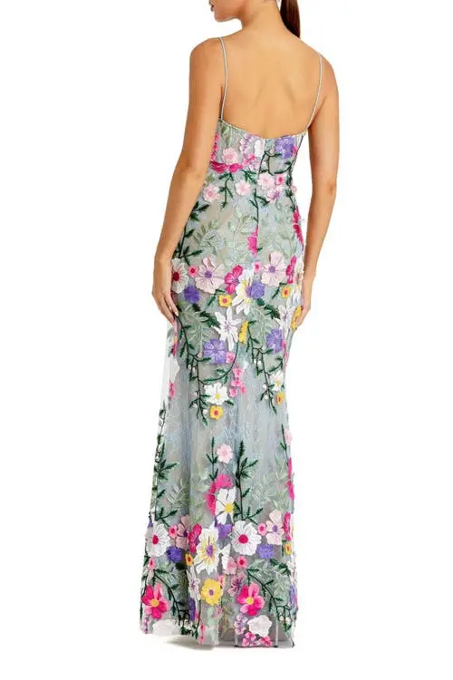 Mac Duggal Floral Embroidered Bustier Gown - Sage Multi