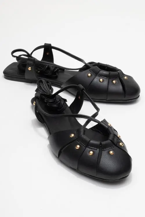 FOREVER & ALWAYS SHOES Daria Leather Lace-up Sandal - Black