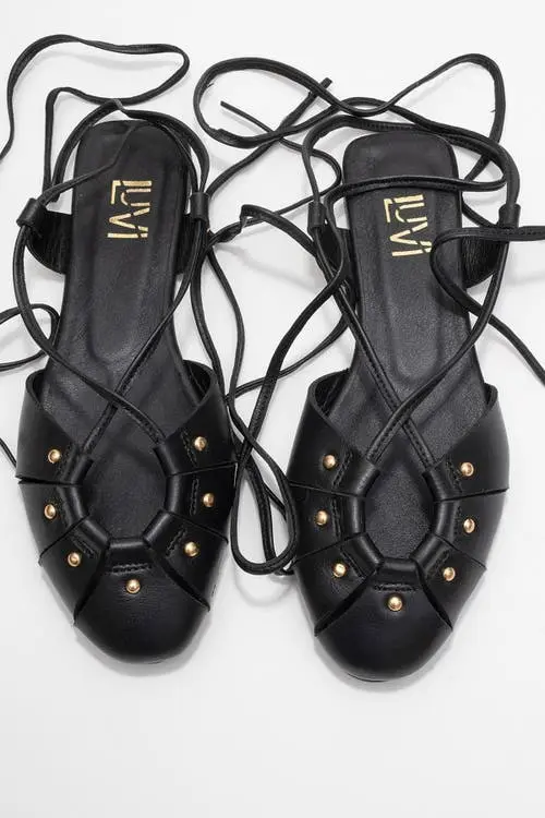 FOREVER & ALWAYS SHOES Daria Leather Lace-up Sandal - Black
