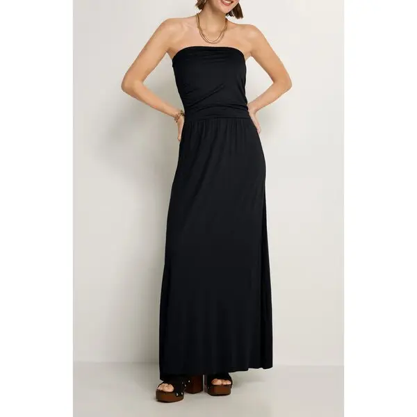 LASCANA Strapless Bandeau Maxi Dress With Side Slit Pockets - Black