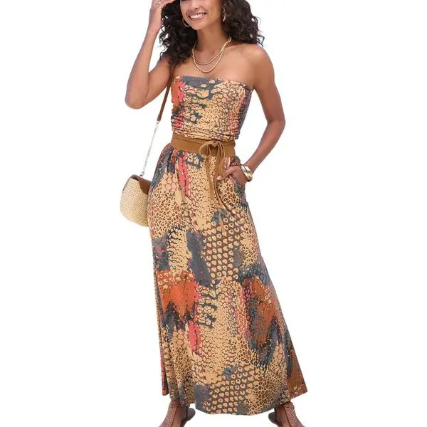 LASCANA Strapless Bandeau Maxi Dress With Pockets - Orange Multi
