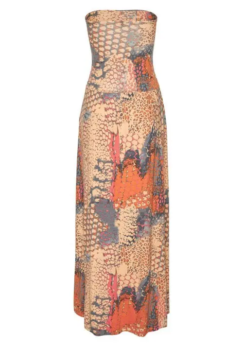 LASCANA Strapless Bandeau Maxi Dress With Side Slit Pockets - Orange Multi