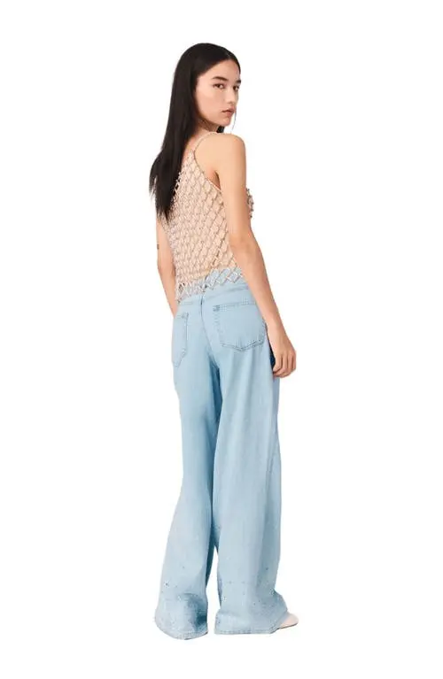 Maje Beaded Mesh Top With Satin Lining