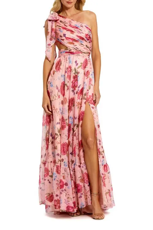 Mac Duggal Floral One-shoulder Cutout Chiffon Evening Gown - Blush Multi