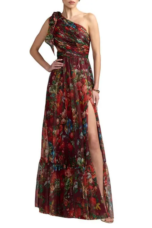 Mac Duggal Floral One-shoulder Chiffon Gown - Wine Multi