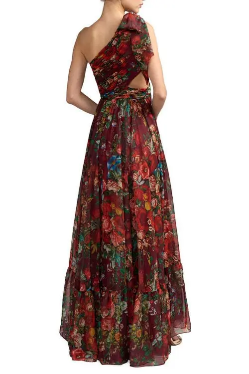 Mac Duggal Floral One-shoulder Chiffon Gown - Wine Multi