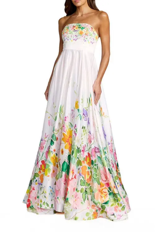 Mac Duggal Floral Print Strapless A-line Gown With Pockets - Ivory Multi