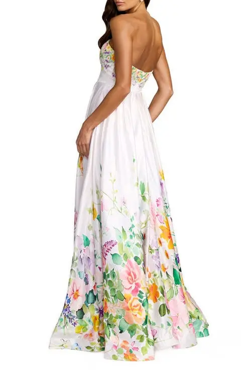 Mac Duggal Floral Print Strapless A-line Gown With Pockets