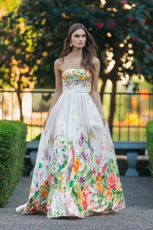 Mac Duggal Floral Print Strapless A-line Gown With Pockets