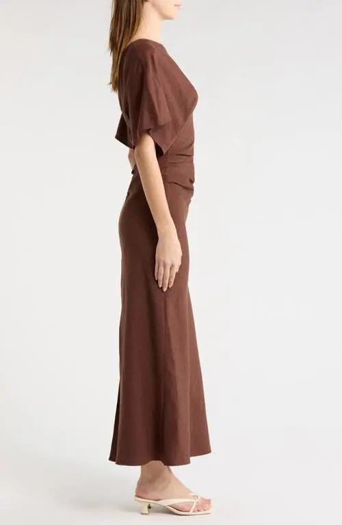 Staud Amelie Ruched Waist Linen Blend Dress - Dark Oak
