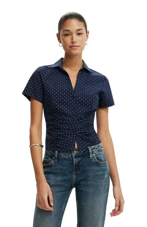 COTTON ON Maya Rouched Shirt - Lily Micro Polka Dot Navy