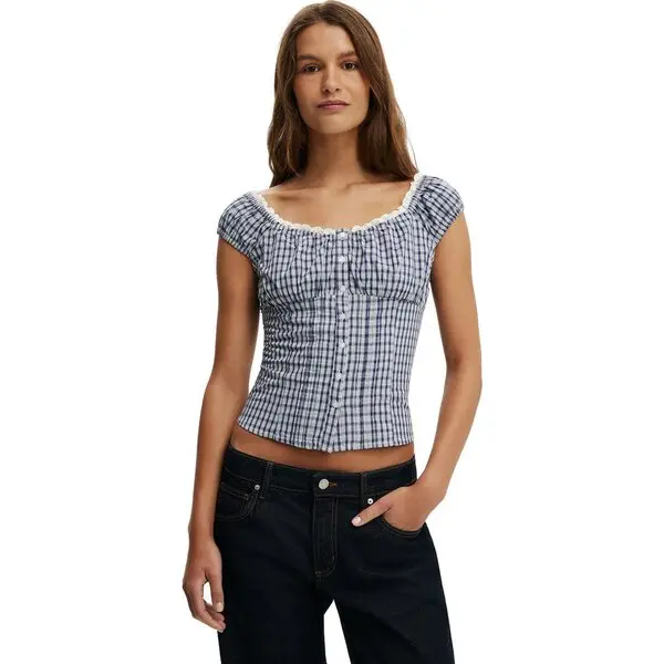 COTTON ON Jamie Off-the-shoulder Top - Harri Micro Check Navy