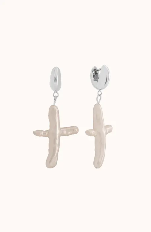 JOIANA JEWELRY Colette Cross Pearl Earrings - Huggie/white Silver