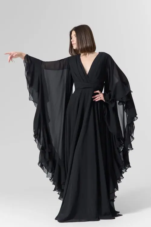 LE FAFO Luna Ruffles Sleeves Chiffon Maxi Dress - Black